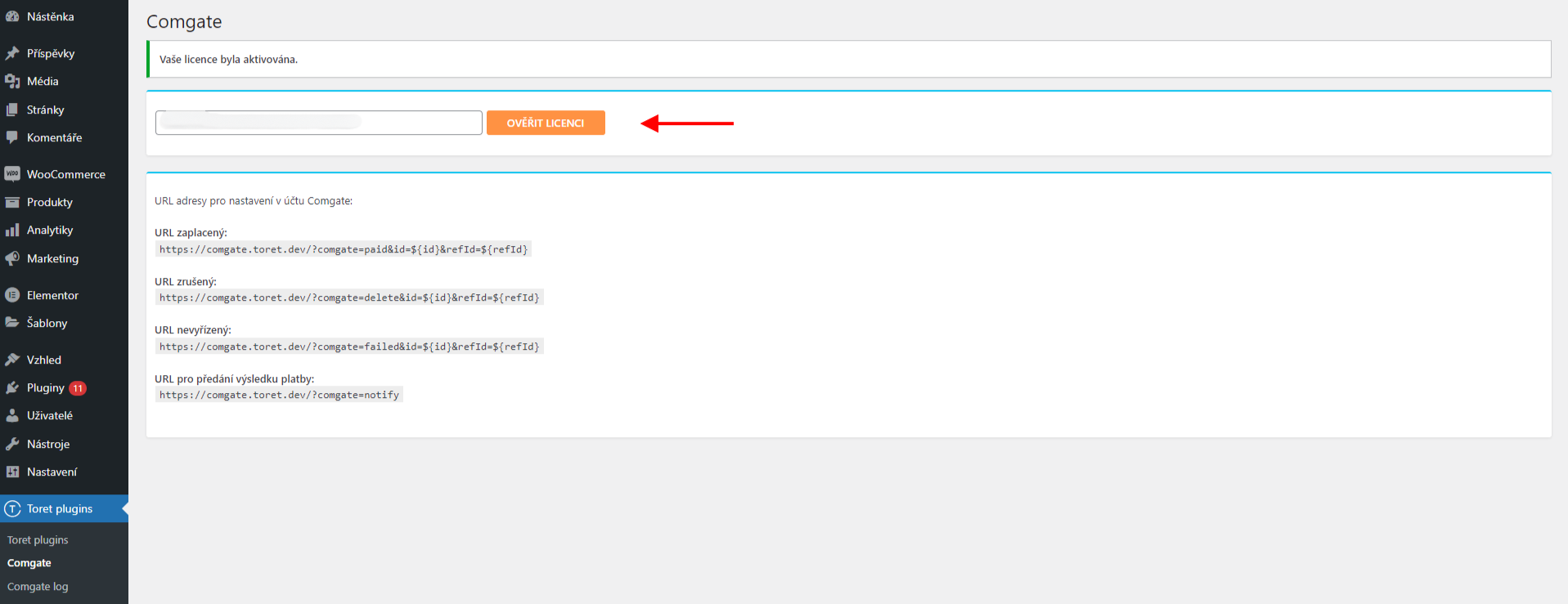 Dokumentace pluginu Toret Comgate